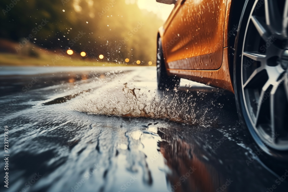 car on the street - Close up of car tires on wet road. water splashing ...