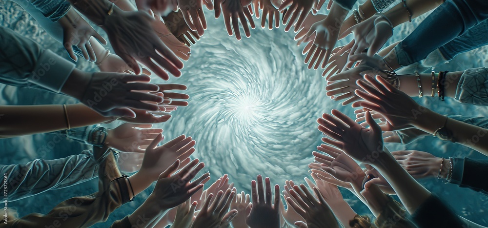 A powerful image of many hands reaching upward in a circular formation ...