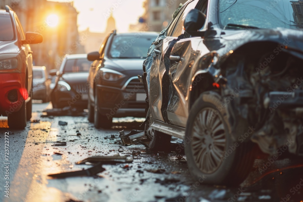 Car crash road accident insurance pay wreck broken vehicle traffic jam ...