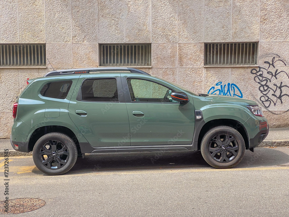 Jeep Dacia Duster in matte green new color parked in the street Stock ...