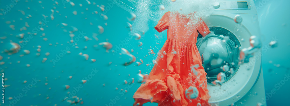 Red dress swirling amidst bubbles in a washing machine, a vibrant ...