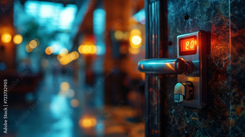 An electronic door lock with a map overlay, illustrating the ...