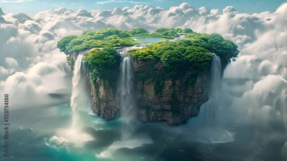 Flying Island. Fantasy paradise land with waterfall, trees, mountains, clouds. Floating tropical ...