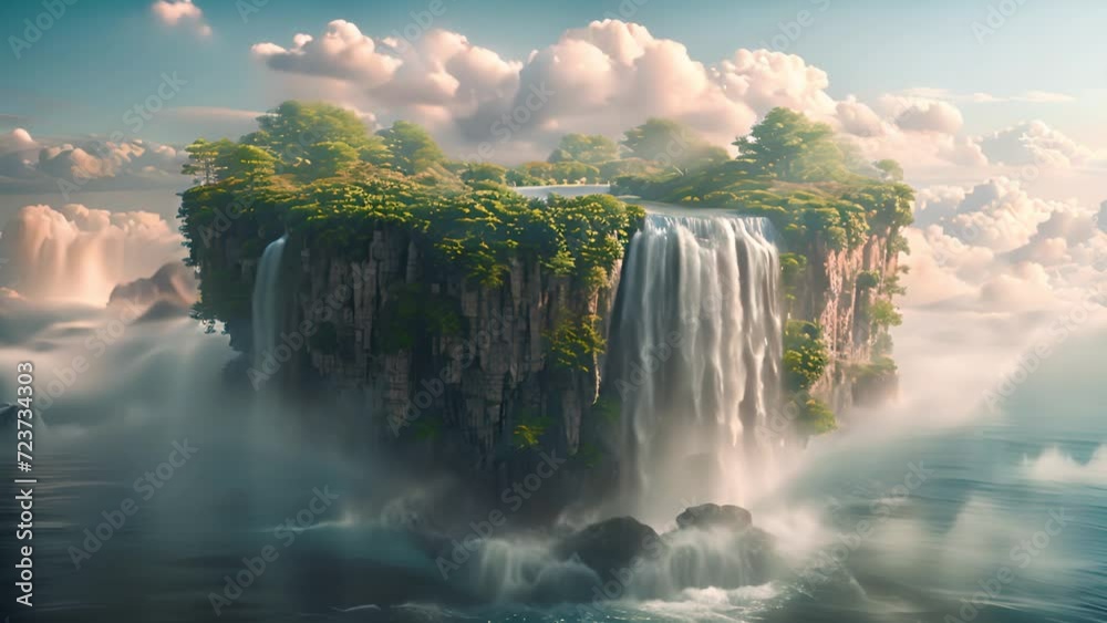 Flying Island. Fantasy paradise land with waterfall, trees, mountains ...