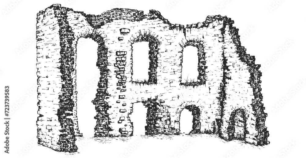 Hand draw ruins old building or ancient castle isolated on white ...