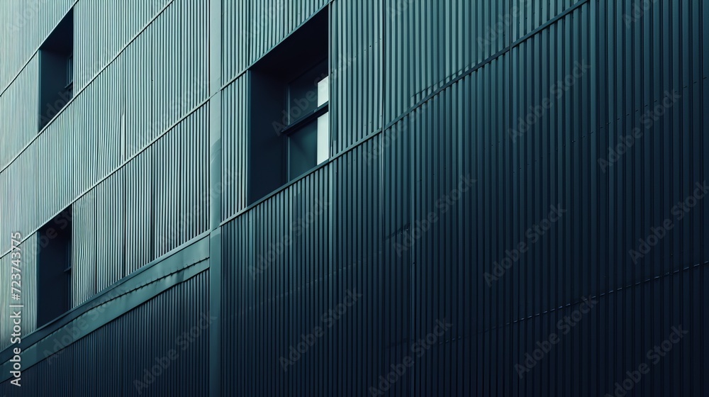Corrugated metal walls of industrial building. Pitched roof. Abstract modern architecture in ...