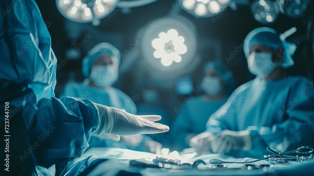 surgical scene with a focus on a surgeon's gloved hands selecting a ...