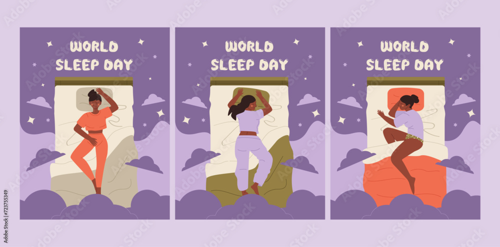 World sleep day poster collection. Sleeping girl in pajamas on bed in ...
