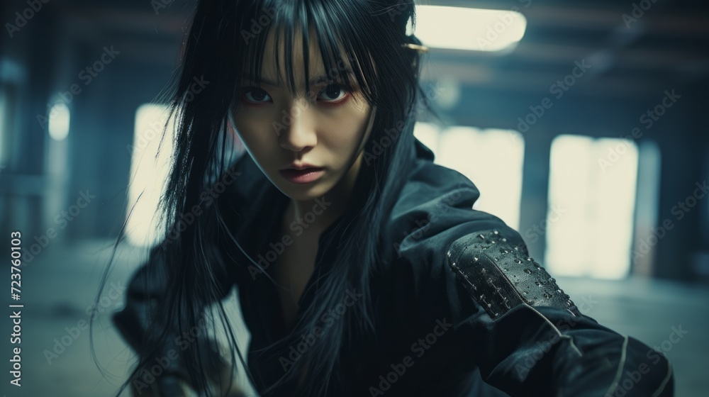Young Asian female assassin. Girl fighter from a Yakuza clan. Portrait ...