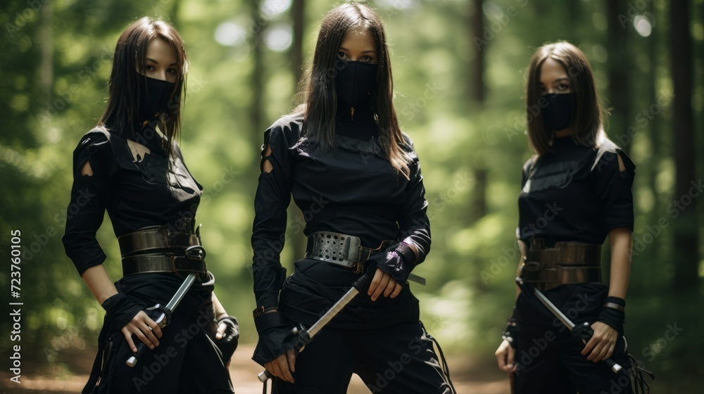 Group of masked female assassins. Company of dangerous girls in masks ...
