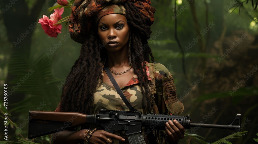 African female warrior in traditional African clothes with a rifle. Portrait of an attractive ...
