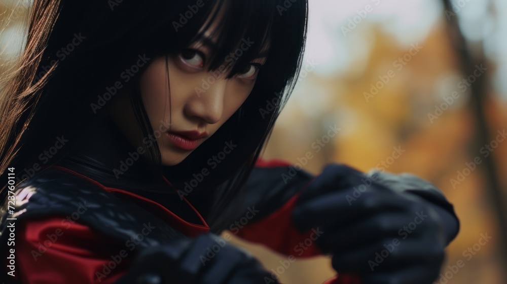 Young Asian female assassin. Girl fighter from a Yakuza clan. Portrait ...