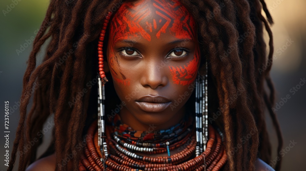 Beautiful African Tribal Woman In Traditional Clothes With A Face Art Attractive Young African