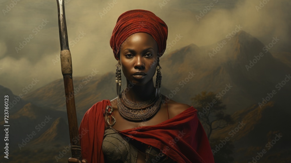 African female warrior in traditional African clothes. Portrait of an attractive young woman ...