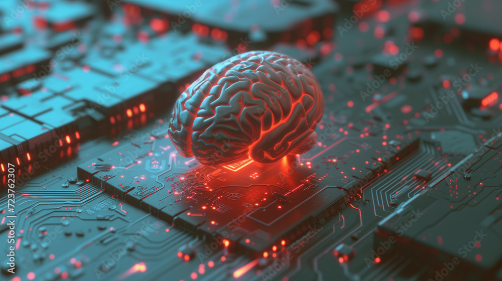 Conceptual digital art of a human brain glowing on a circuit board ...