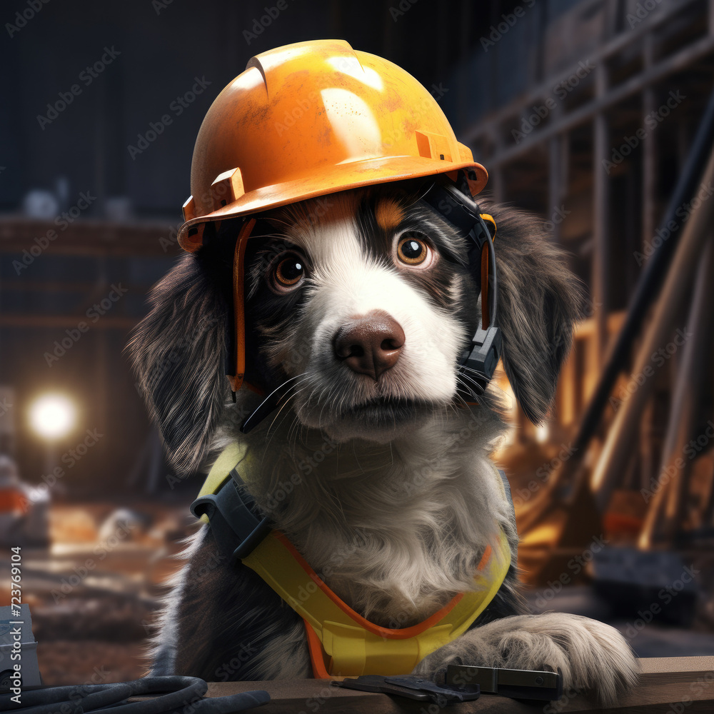 Cute dog in construction worker suit wearing safety helmet is working ...