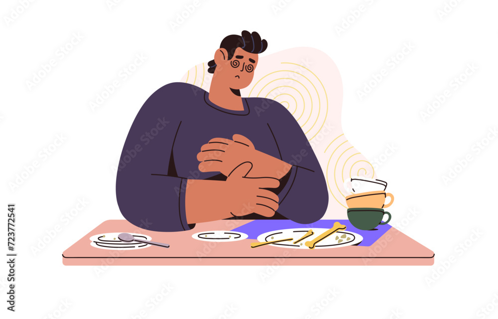 Binge eating concept. Unwell guy suffers from overeating. Sick man ...