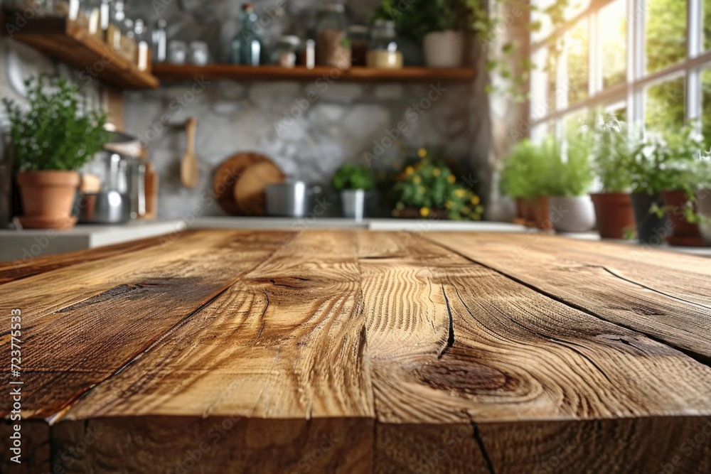 Selective focus.Wood table top on blur kitchen counter background.For ...