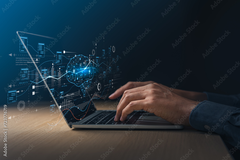 Businessman using laptop with digital screen about brain of AI and ...