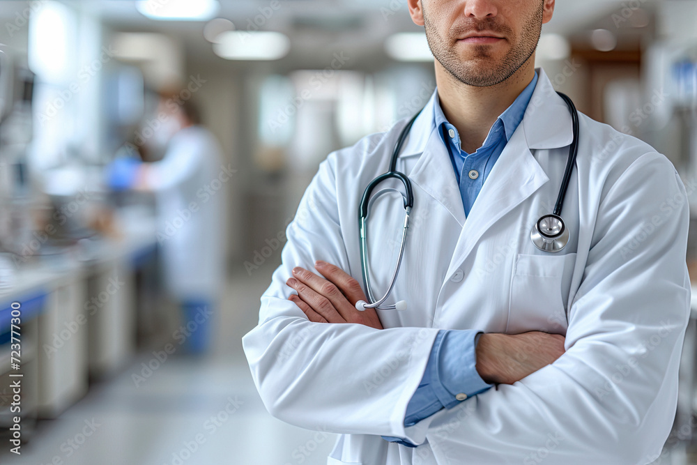 Portrait of confident mature doctor standing in Hospital corridor ...