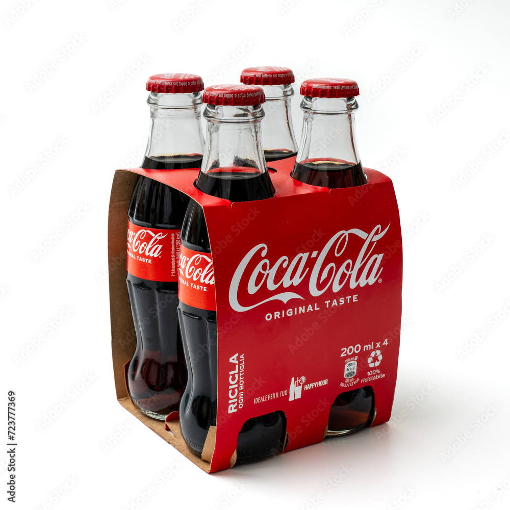 Milan Italy January 22, 2023. Cardboard pack of 4 200ml Coca Cola ...