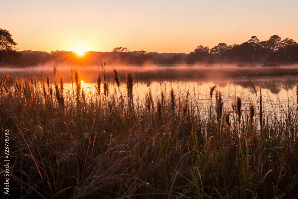 realistics stunning splendor of a wetland at dawn, as first rays of ...
