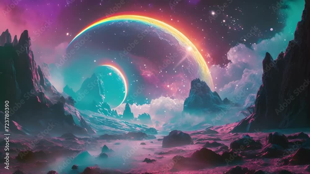 A cosmic rainbow bridge spanning between two neon planets with nebulae ...