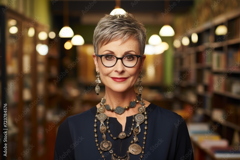 Stylish middle-aged woman with a short pixie haircut, showcasing her ...
