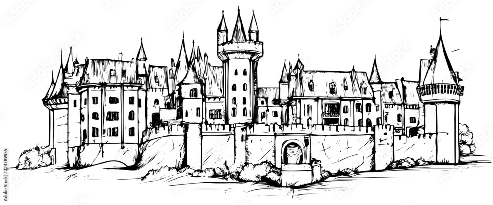and drawn engraved medieval castle, isolated on white background ...