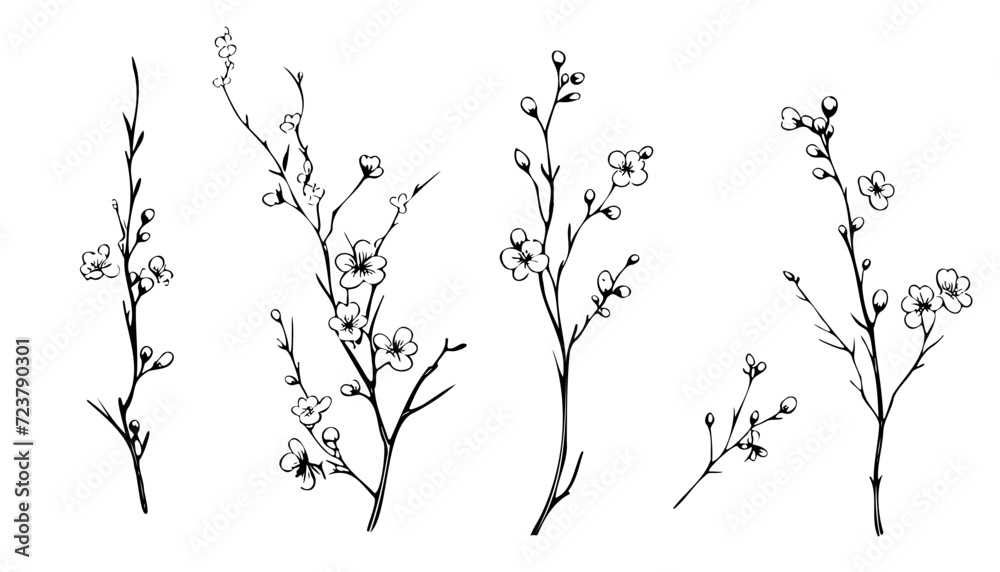 Vetor de Tree branch engraving. Hand drawn forest twigs. Dry wood log ...