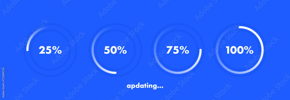 Updating process with loading bar. Circle diagrams with percentage of ...