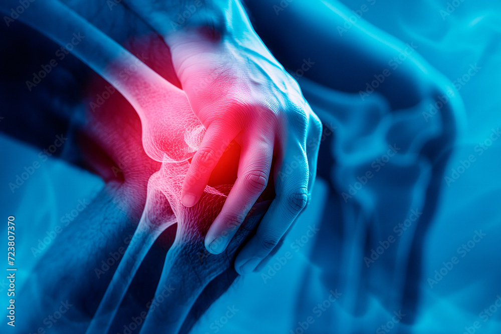 Knee Pain And Ache Injury Skeleton X-Ray, Red Spot Of Pain Blue ...