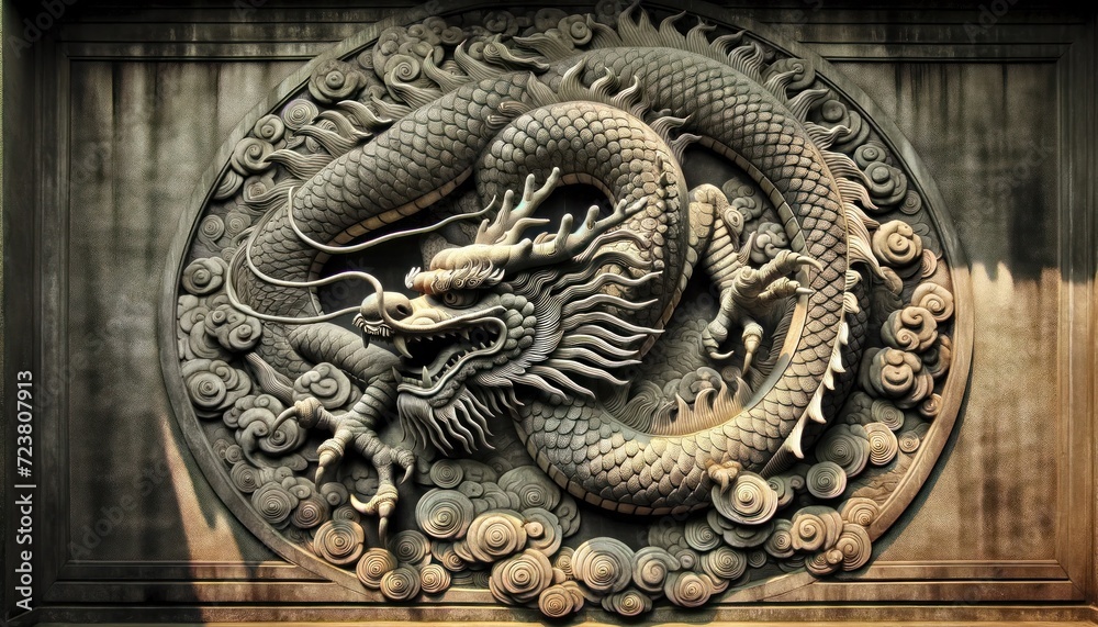 Traditional Chinese-style dragon bas-relief. The dragon, with intricate ...