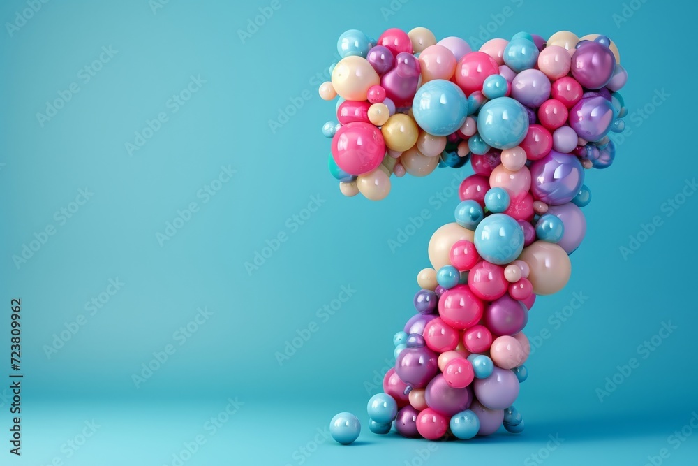 Number 7 made out of colorful balloons with a solid background. Age ...