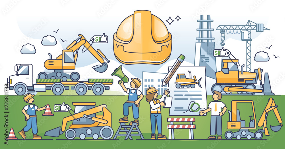 Construction equipment rental service with heavy machinery outline ...