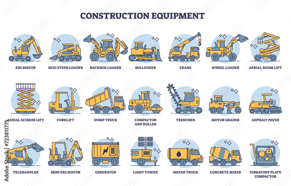 Construction equipment rental and heavy machinery outline icon ...