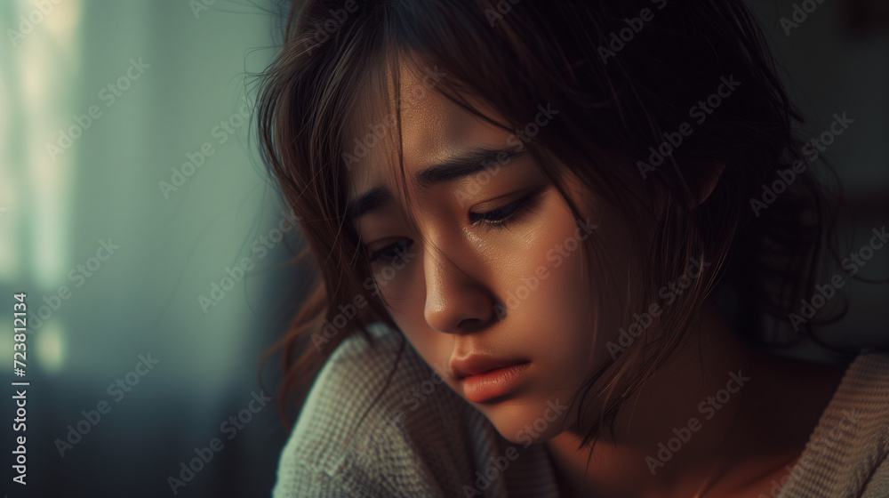 Young Asian woman with tears on her face, portraying deep emotional ...