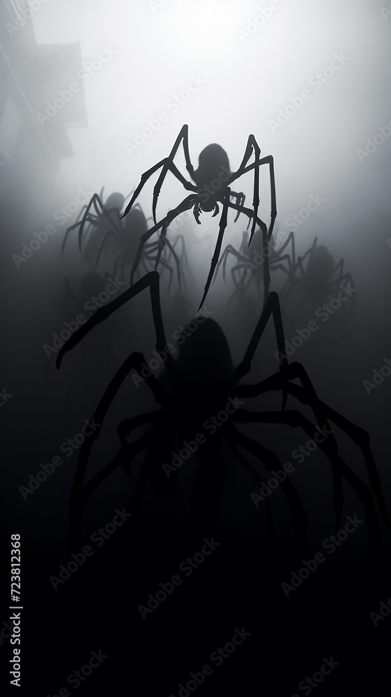 vertical narrow image of arachnophobia in the night fog, spider shadows ...