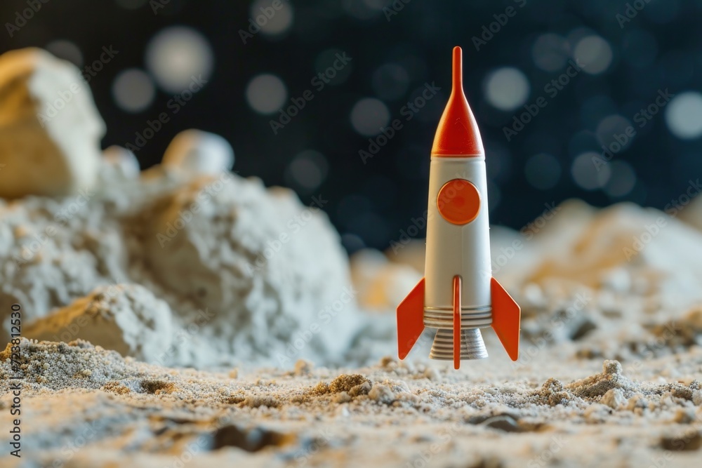 Toy rocket on the surface of the moon, concept of discoveries and ...