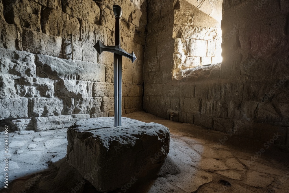 Knight's sword stuck in stone of a medieval castle, fantasy concept ...