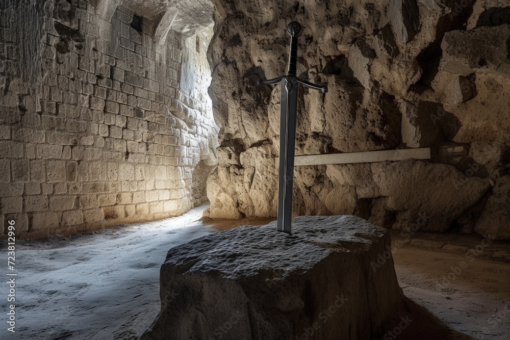 Knight's sword stuck in stone of a medieval castle, fantasy concept ...