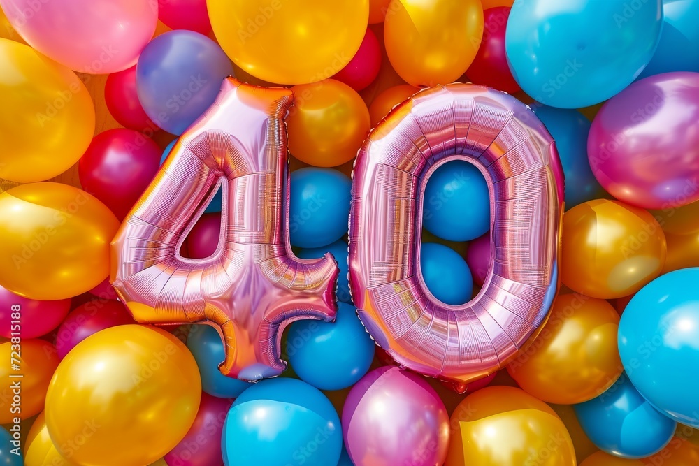 Number 40 made out of colorful balloons with a solid background. Age ...