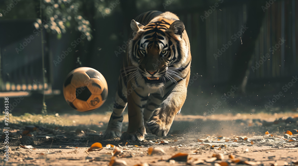 Action photograph of tiger playing soccer Animals. Sports Stock Photo ...