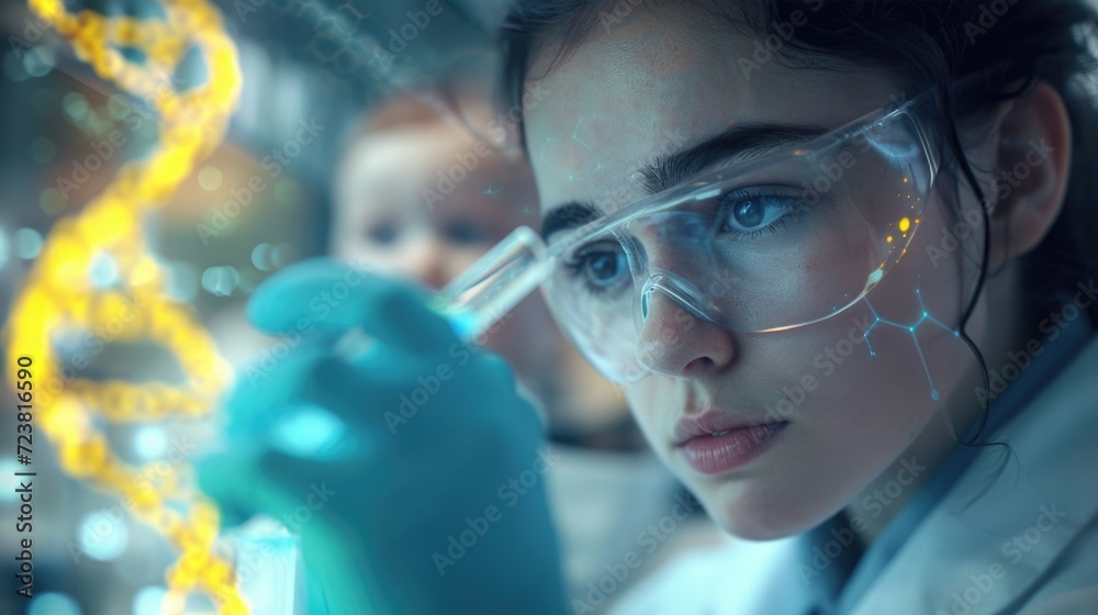 Scientist Studying Molecular Structures as a scientist examines molecular DNA models in a modern ...
