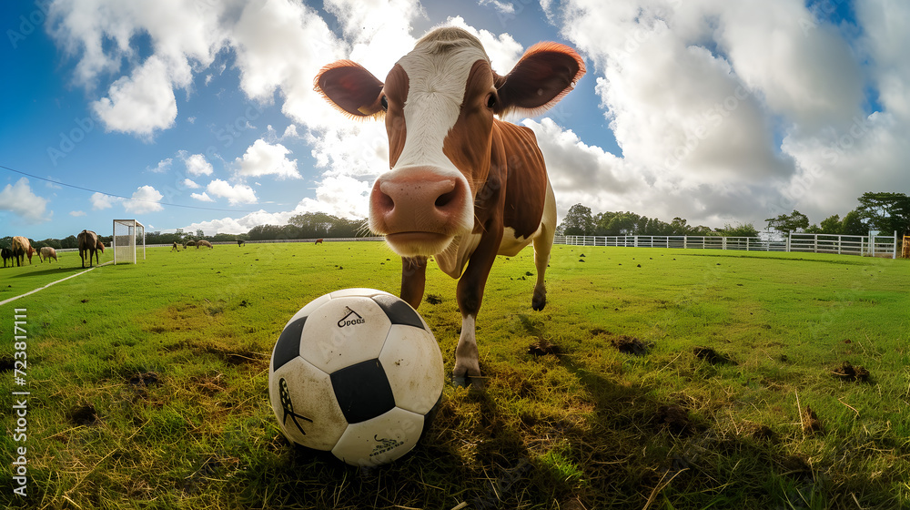 Action photograph of cow playing soccer Animals. Sports Stock Photo ...