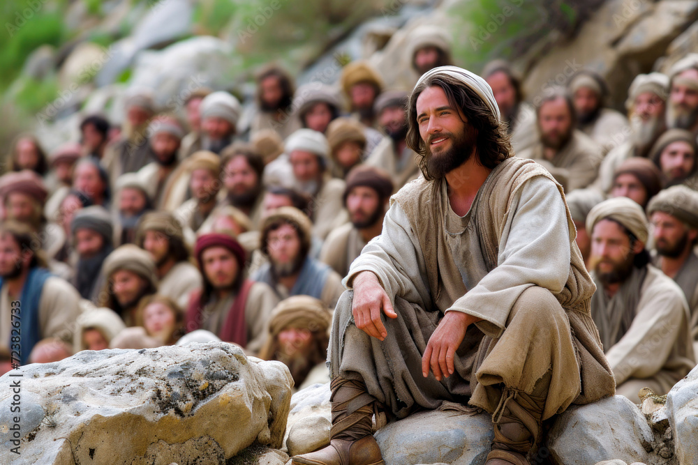 Jesus speaking to the people by parables on the mountain in the midst ...