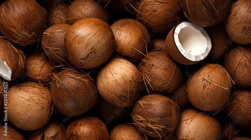 A pile of coconuts with the top of the coconuts showing the inside of ...