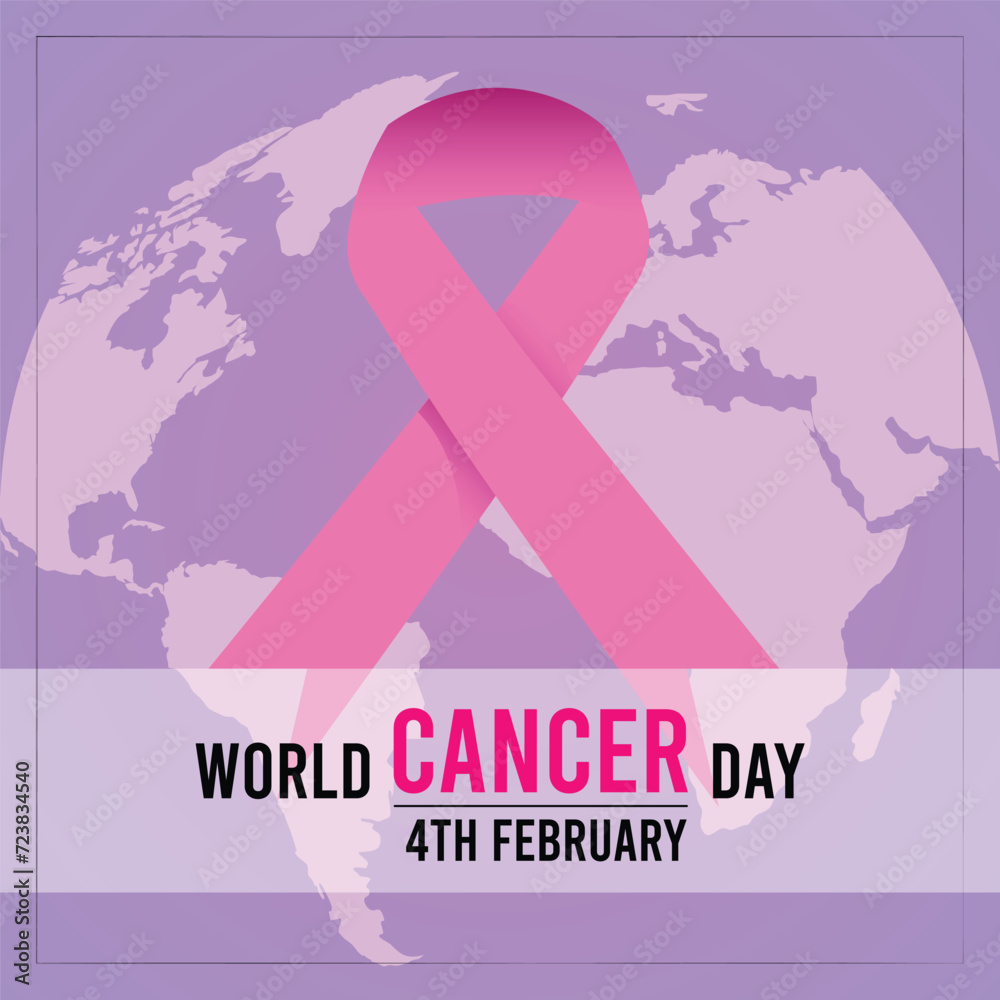 4th February. World Cancer Day square Poster with pink ribbon. Purple ...