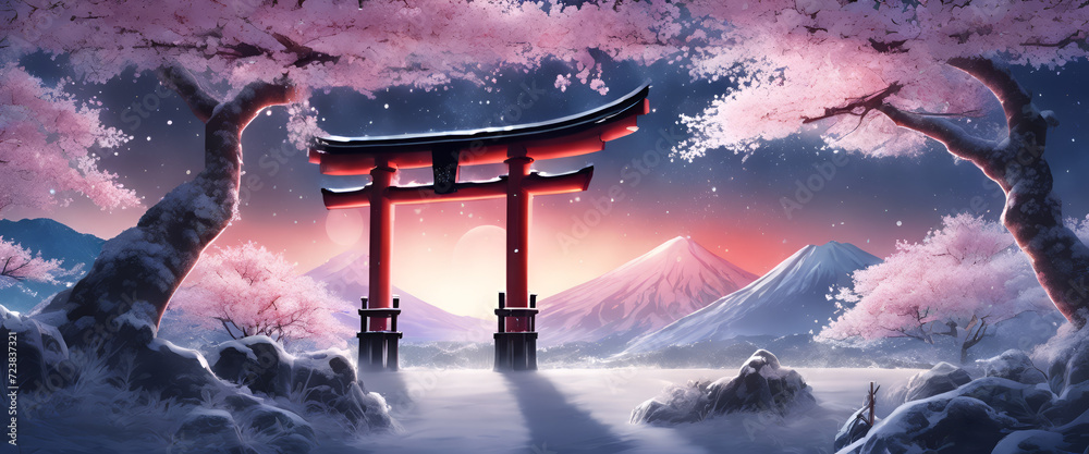 Colorful Anime Snowy Torii Gate Japanese Landscape with Sakura and ...