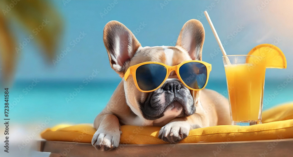 A French bulldog wearing sunglasses lounges on a sun lounger, dog ...